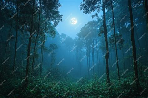 Dark Rainforest At Night With The Glow Of The Moon Illuminating The
