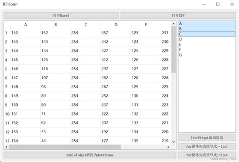Pyqt5 打开excel、csv，tablewidget转换为dataframe，listwidget添加选项，for循环列表推导式