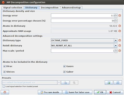 Setting The Dictionary Parameters For Mp Decomposition In Svarog Tab Download Scientific