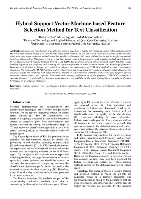 pdf hybrid support vector machine based feature selection method for
