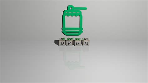 드럼의 3d 그래픽 이미지는 개념 프리젠 테이션 및 슬라이드 쇼에 탁월한 상단 관점에서 금속 입방 문자로 만든 텍스트와 함께