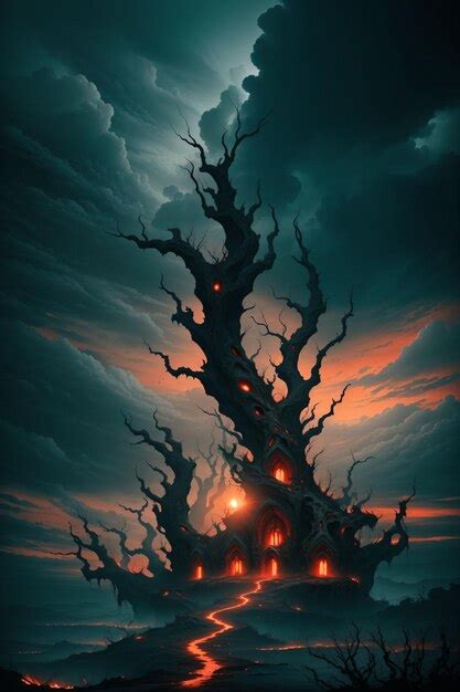 Premium AI Image Dark Tree With Red Lights
