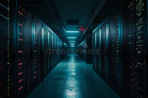 A Busy High Tech Data Center Hallway Filled With Rows Of Servers A Dark And Moody Image