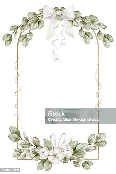 수채화 그림 수직 템플릿에 대 한 유칼립투스 잎 목화 꽃 흰 리본이 있는 프레임 베이비 샤워와 청첩장을 위한 식물 그림 꽃 배경