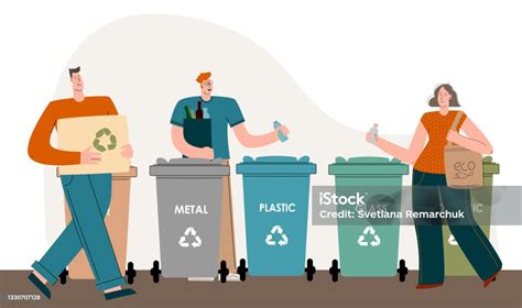 환경에 관심이 있고 재활용및 재사용을 위해 쓰레기통에 쓰레기를 넣는 남성과 여성 캐릭터 제로 폐기물 개념 쓰레기를 분류하는 사람들의 그룹 감소에 대한 스톡 벡터 아트 및