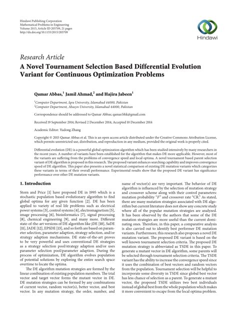 Pdf A Novel Tournament Selection Based Differential Evolution Variant
