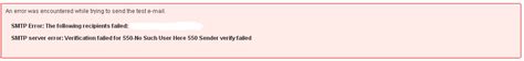 wordpress smtp server error verification failed for 550 no such user