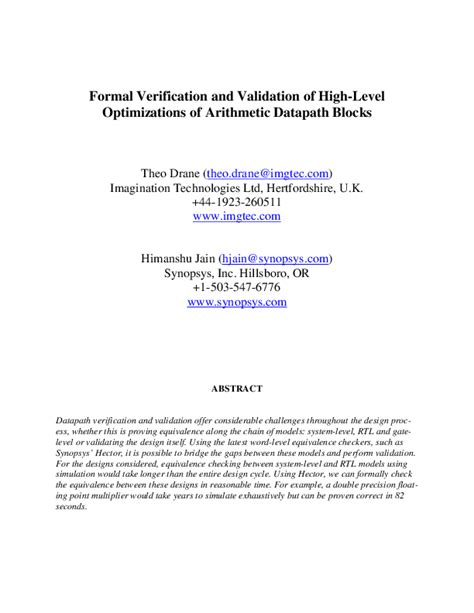 Pdf Formal Verification And Validation Of High Level Optimizations Of