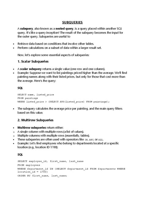 Dbms Subquery SUBQUERIES A Subquery Also Known As A Nested Query Is A Query Placed Within