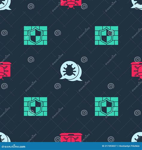 Set System Bug On Monitor And Shield With Brick Wall On Seamless Pattern Vector Stock Vector