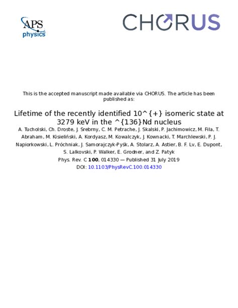 Pdf Lifetime Of The Recently Identified 10 Isomeric State At 3279 Kev In The Nd136 Nucleus