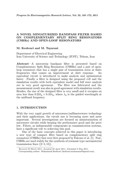 Pdf A Novel Miniaturized Bandpass Filter Based On Complementary Split Resonators Csrrs And