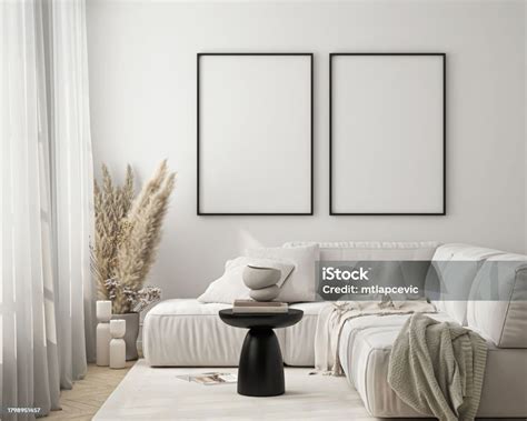 프레임 모형 Iso A 용지 크기 거실 벽 포스터 모형 집 배경이 있는 인테리어 모형입니다 모던한 인테리어 디자인 3d 렌더링