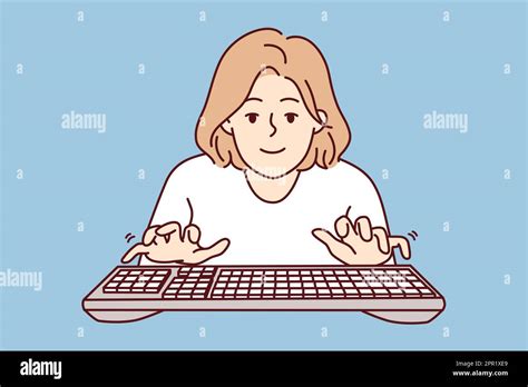 Young Woman Blogger Typing Keyboard Looks At Screen While Typing E Mail