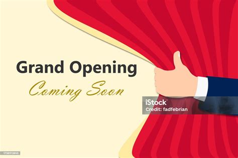 빨간 커튼을 손으로 펼치고 있다 빨간 커튼이 있는 그랜드 오프닝 컨셉 배경 개념에 대한 스톡 벡터 아트 및 기타 이미지 개념