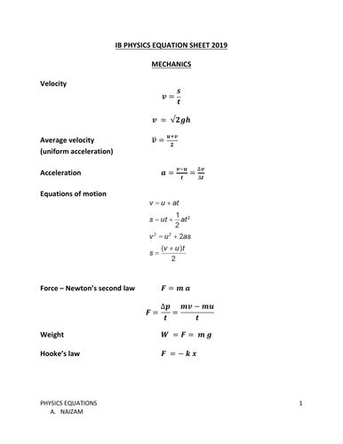 Wonderful Ib Physics Equations Not In Data Booklet Electricity Class 10 All Formulas Pdf
