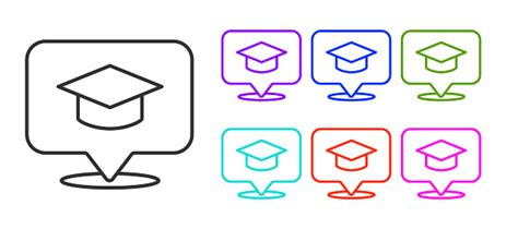 검은 선 흰색 배경에 격리된 말풍선 아이콘의 졸업 모자 술 아이콘이 있는 졸업 모자 아이콘을 다채롭게 설정하십시오 벡터 3차원 형태에 대한 스톡 벡터 아트 및 기타 이미지