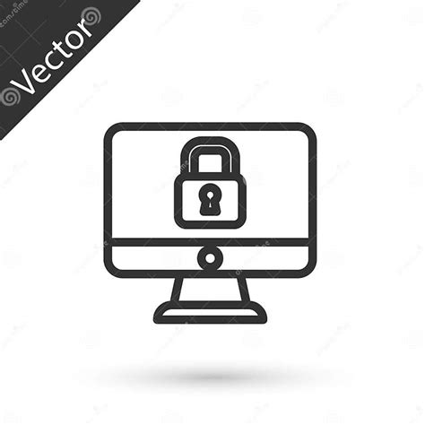Grey Line Lock On Computer Monitor Screen Icon Isolated On White