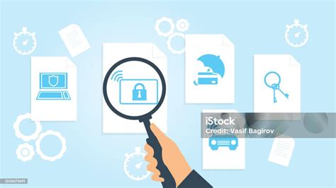 검색 Sos 파일 문서 연구 벡터 일러스트 검색 아이콘으로 문서작성합니다 파일 및 돋보기 분석 연구 기호입니다 벡터 일러스트레이션 개념에 대한 스톡 벡터 아트 및 기타