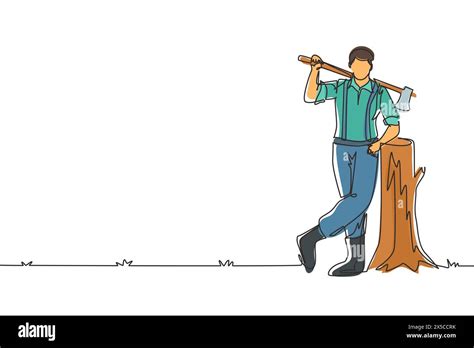 single one line drawing lumberjack lean on the wood log wearing shirt