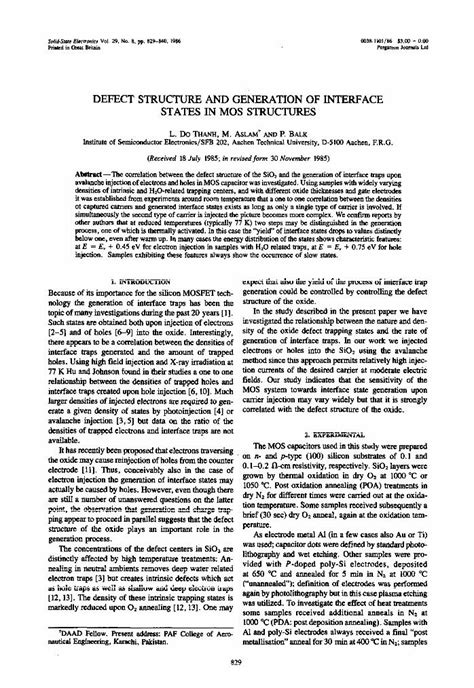 Pdf Defect Structure And Generation Of Interface States In Mos
