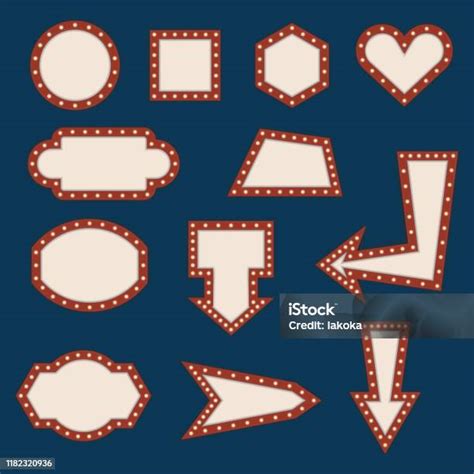 빈티지 조명빈 간판의 템플릿입니다 텍스트 공간이 있는 프레임입니다 다양한 기하학적 모양의 프레임 주위에 윤곽 램프 정사각형 둥근 오각형 화살표 등 벡터 이미지 의 집합입니다