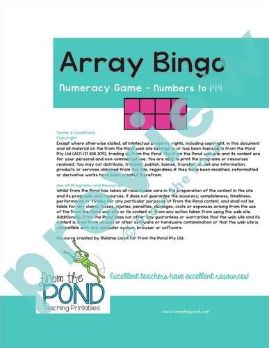 array bingo game for multiplication activities by from the pond tpt
