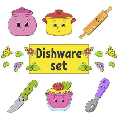 Premium Vector Set Of Stickers With Cute Cartoon Characters Hand Drawn Colorful Pack Dishware