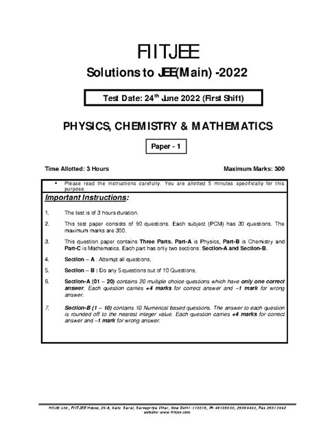 1 Jeem 2022 Jun 24 First Shift Paper Fiitjee Ltd Fiitjee House
