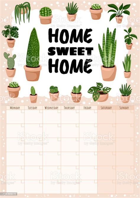홈 달콤한 집입니다 다육 식물 요소와 Hygge 월간 달력 라곰 스칸디나비아 플래너 의제 플래너 체크 리스트 및 문구에 대한 귀여운 만화 스타일의 Hygge 템플릿 0명에