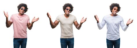 콜라주에 선글라스를 착용 하는 아프리카계 미국인 젊은 남자의 팔 및 손에 발생 배경 우 둔 하 고 혼란 스 러 워 식 고립 의심 개념입니다 감정에 대한 스톡 사진 및 기타