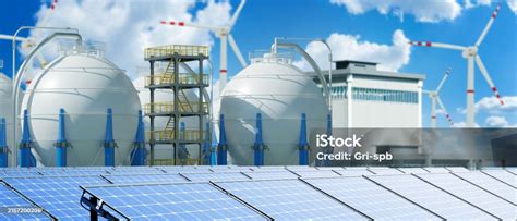 에코 발전소 태양 전지판 풍력 터빈 풍차가 있는 발전소 생산 에코 연료 그린 에너지 여름 날씨에 환경 발전소 구형 가스 저장 탱크 3d 이미지 0명에 대한 스톡 사진 및