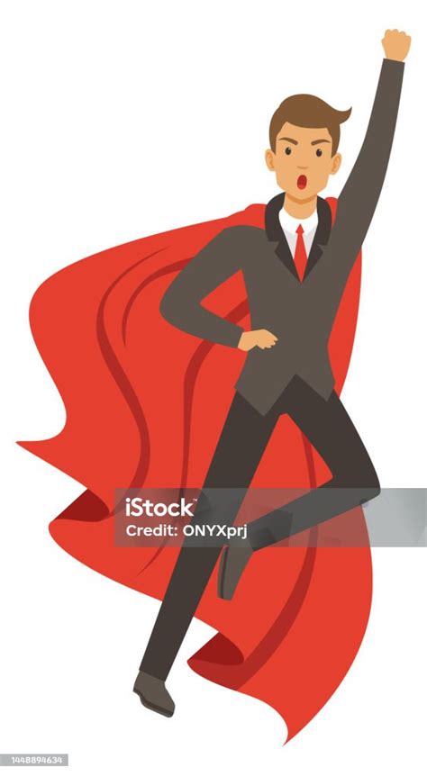 강력한 남자 행동 슈퍼 히어로 포즈 빨간 망토 캐릭터에 사업가 개념에 대한 스톡 벡터 아트 및 기타 이미지 개념 근육질 체격 날기 Istock
