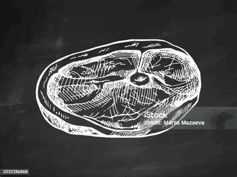 고기 돼지 고기 또는 쇠고기 스테이크 고기 절단 고기 컷의 조각 벡터 일러스트 레이 션의 손으로 그린 스케치 칠판 배경에 빈티지