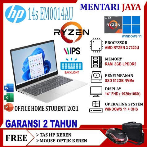 Jual LAPTOP BARU HP 14S EM0014AU AMD RYZEN 3 7320 8GB 512SSD AMD RADEON WIN11 OHS 14 FHD 2YR