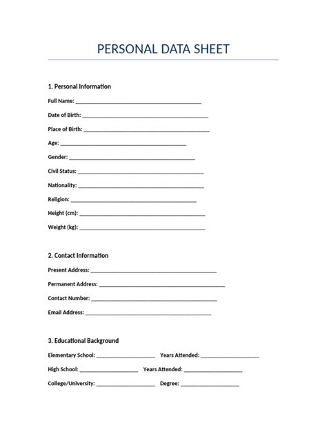 Personal Data Sheet Template Pdf