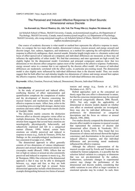 Pdf The Perceived And Induced Affective Response To Short Sounds Dimensional Versus Discrete