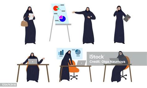 사무실에서 일하는 전통적인 의류에 무슬림 여성의 세트 개념에 대한 스톡 벡터 아트 및 기타 이미지 개념 개체 그룹 다양 Istock