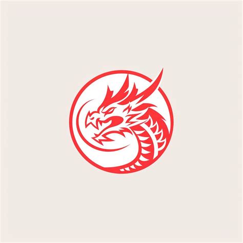 흰색 배경에 일본 스타일로 가벼운 붉은 선과 형태로 디자인된 원형 용 머리 로고 강한 네거티브 스페이스를 사용하고 애니메이션