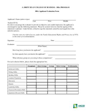 Fillable Online Cob Unt DBA PROGRAM DBA Applicant Evaluation Form Applicants Fax Email Print