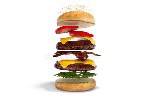 Concept Of Creating Hamburger In Layers 3d Render Illustration On White Background With Shadow