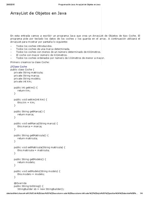 Arraylist De Objetos En Java Clase Coche Pdf Java Lenguaje De