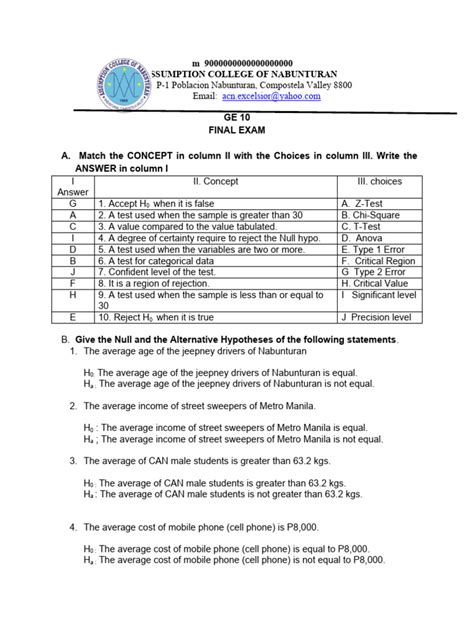 Basic Stat Final Exam Pdf Type I And Type Ii Errors Null Hypothesis