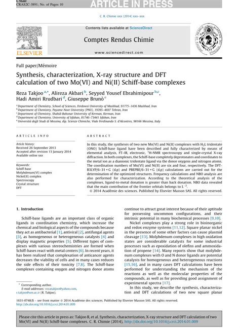 Pdf Synthesis Characterization X Ray Structure And Dft Calculation Of Two Movi And Niii