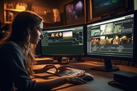 Premium Photo Female Videographer Editing A Video Project Using