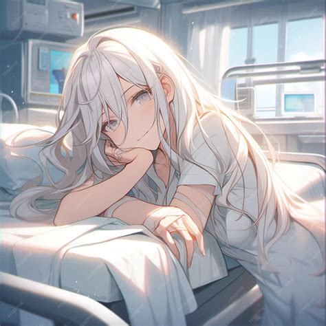 Premium Photo Anime Girl Laying On A Hospital Bed With Her Hand On Her Chin Generative Ai