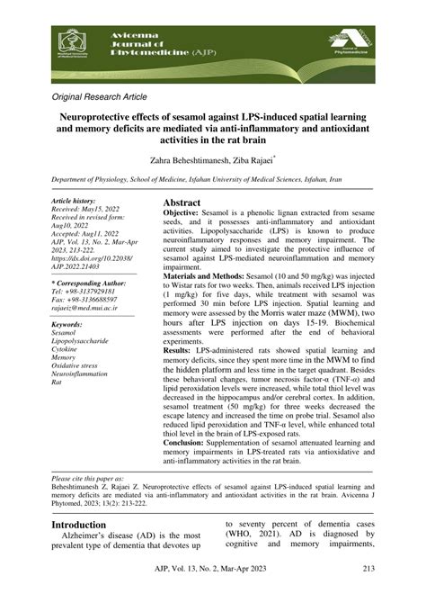 Pdf Neuroprotective Effects Of Sesamol Against Lps Induced Spatial