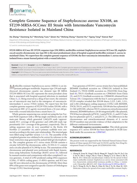 Pdf Complete Genome Sequence Of Staphylococcus Aureus Xn108 An St239 Mrsa Sccmec Iii Strain