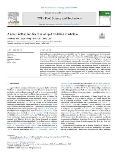 A Novel Method For Detection Of Lipid Oxidation In Edible Oil 2020 Pdf Chemical Substances