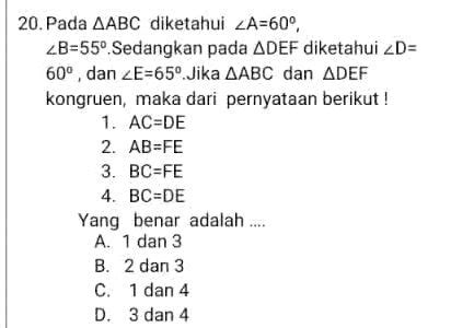 20. Pada \( ABC\) diketahui \( A = 60^ \), | StudyX